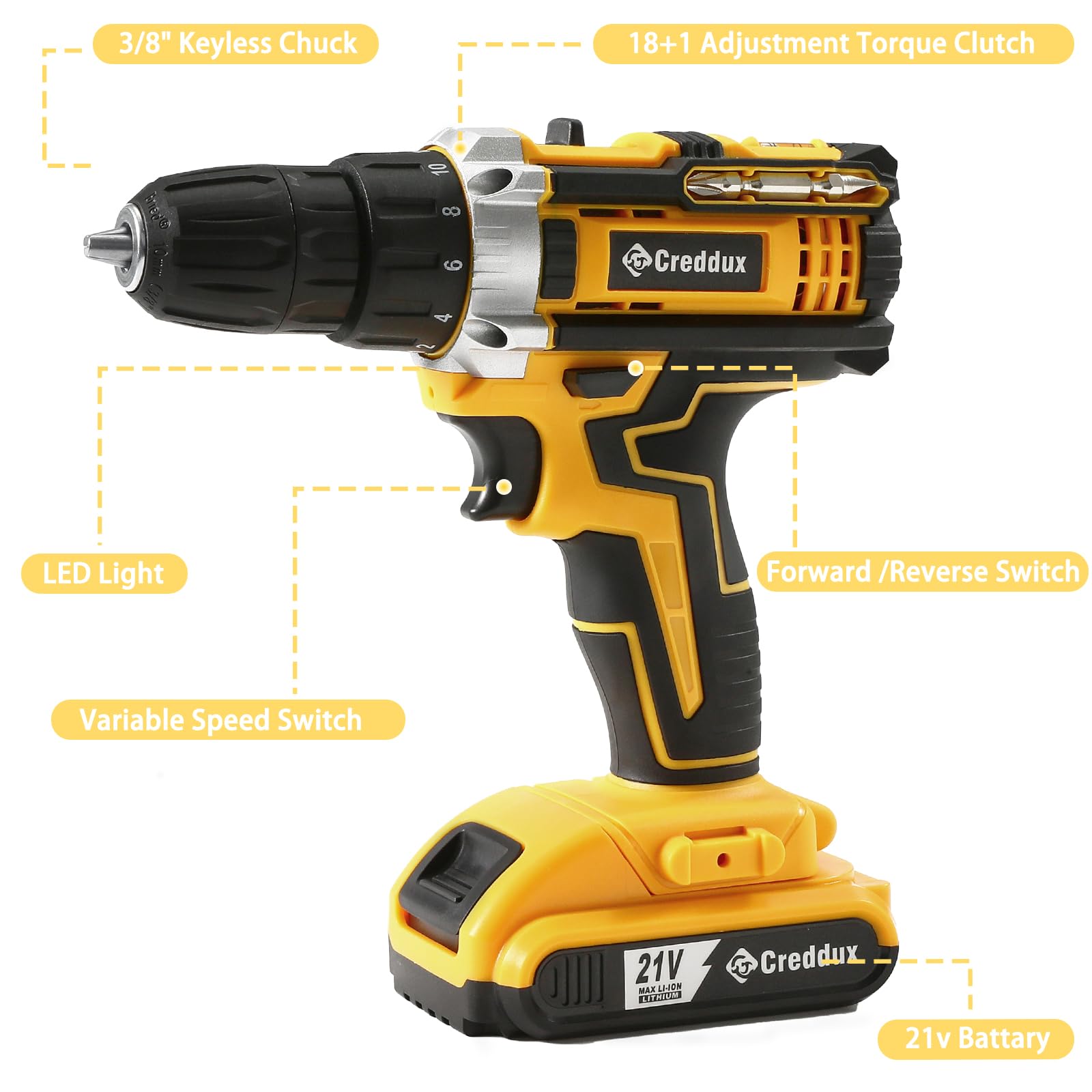 Creddux Cordless Drill Set 21v Power Drill Cordless With Battery & Charger, 84pcs Accessories Electric Drill Variable Speed, 3/8'' Keyless Chuck, Built-In Level and 2 Driver Bits Yellow kit