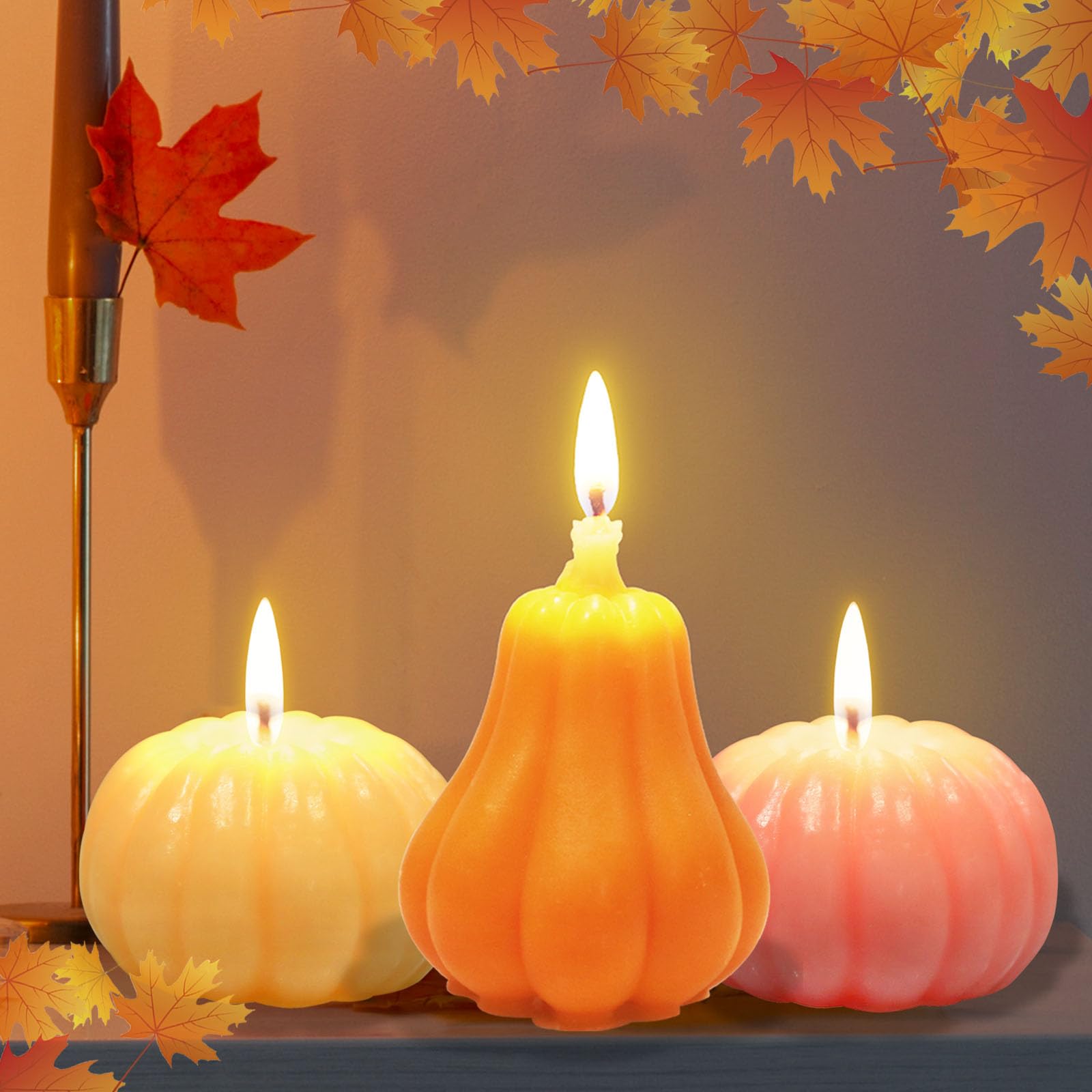 3 Pieces Fall Decorations for Home Fun Pumpkin Scented Candle Handmade Wax Fall Pumpkin Candles Decor for Autumn Harvest Halloween Party Favor Supplies