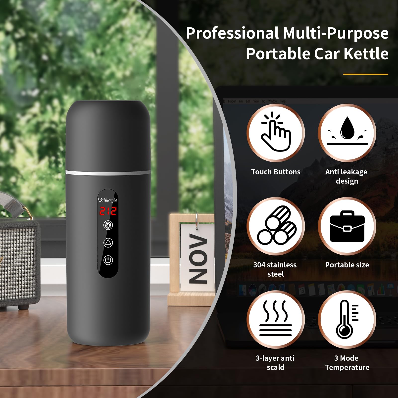 Travel Electric Kettle & Car Coffee Warmer12V/24V Portable Hot Water Heater withstirring,Small Hot Water Boiler With Built-inMagnetic induction (Black)