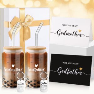 qinyoung 7 pcs godparents proposal gift will you be my godmother godfather gift set includes coffee glass keychains cards gift box for godmother godfather from godchild baptism christmas gift