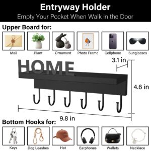 RESOVO Key Holder Wall Mount Key Hooks Entryway Shelf Keys Rack Key Shelf with 6 Metal Hooks Mail Holder, Wooden Shelf, Black (Length: 9.8 Inches)