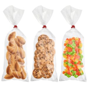 Clear Candy Bags,100 Pcs 4x11 Inch Plastic Cookie Bags, Long Treat Bags Set with 5 Mix Colors Twist Ties, Gift Wrap Supplies for Birthday Party Favor Packaging Pretzel Bread Donut Lollipop