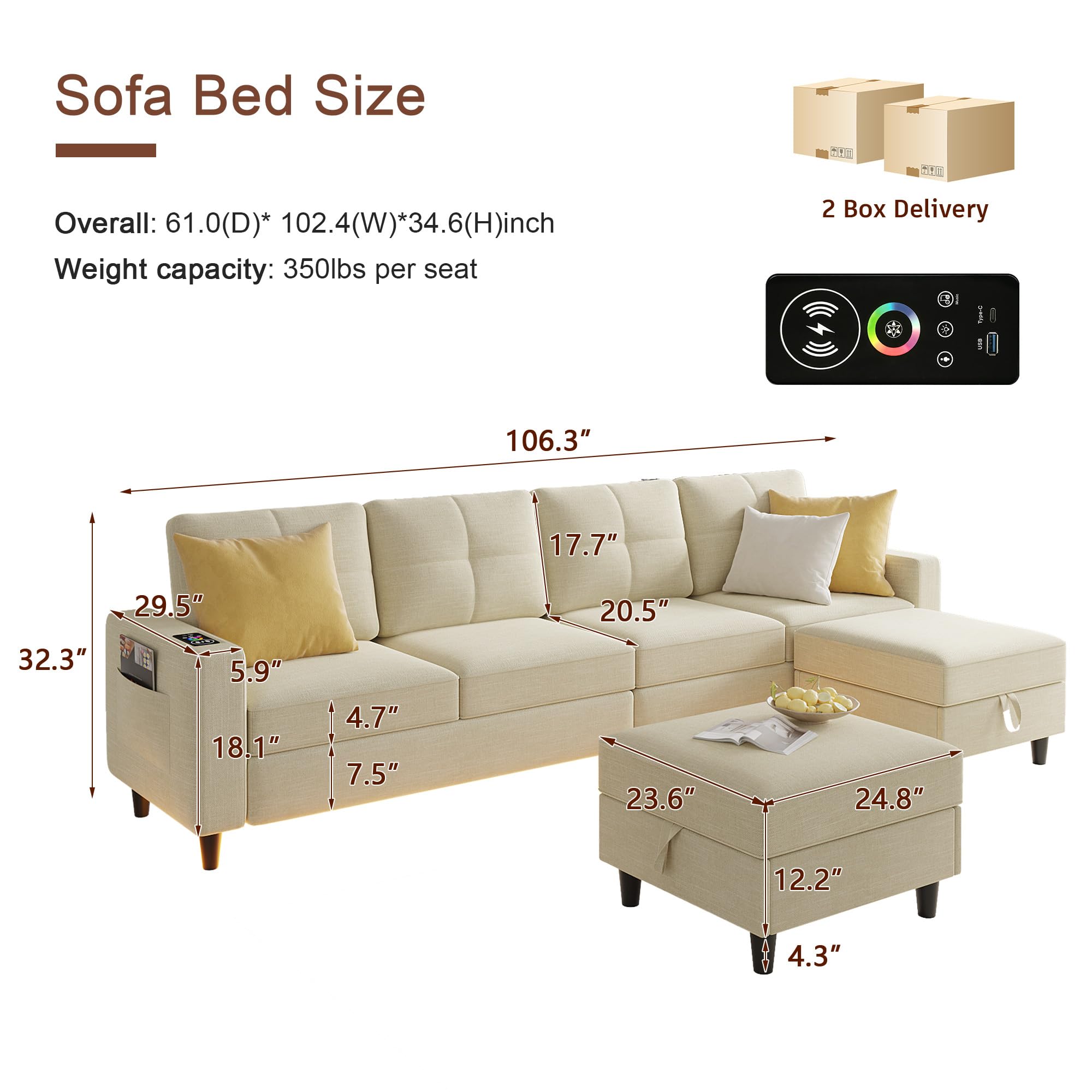 FOMNEY Sectional Couche for Living Room, Modular U Shaped Sofa Couchs with RGB Lights and Charging Ports, 6 Seat Convertible Sectional Sofa with Storage Ottoman (Beige)