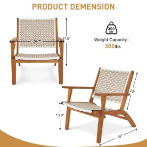 VINGLI Outdoor Lounge Chair Acacia Wood Chair, Woven Outdoor Chair Mid Century Reclining Chair for Patio Lawn Garden Backyard Deck Balcony