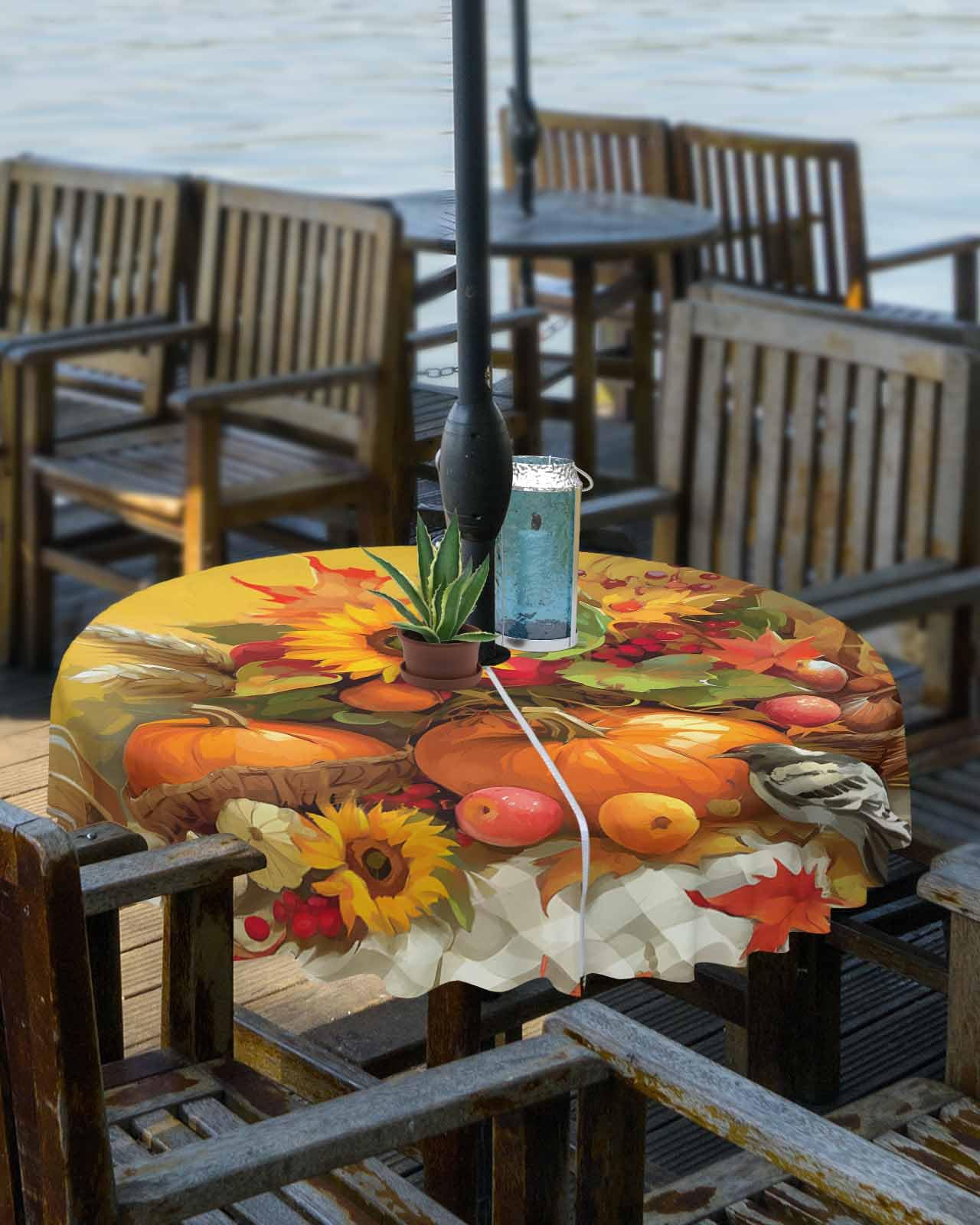 Huotupsine Fall Thanksgiving Outdoor Tablecloth - 60 Inch Round Dining Table Cover, Pumpkins Birds Sunflower Oil Painting Waterproof Outdoor Table Cloth with Umbrella Hole & Zipper for Picnic/Patio