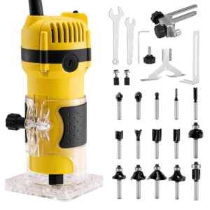 silvel wood router, 800w wood routers for woodworking, 6.5amp 1.25hp hand wood router tool, 30000r/min compact edge trimmer with 15 1/4" router bit set, yellow