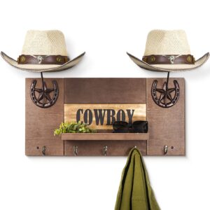 cowboy hat holder for wall with shelf and 5 hooks western cast iron hat rack rustic wood cowboy hat hanger for entryway closet western wall decor hat hooks 25.6x11.8x6.5 in men's christmas gift