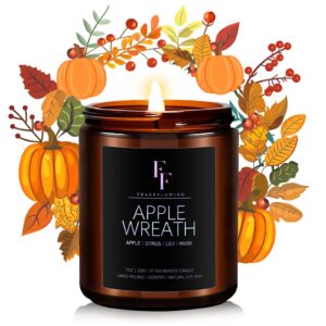 fall candle, apple wreath scented candles for home, natural soy autumn candle aromatherapy candle, 7 oz jar candles fall gifts for women men