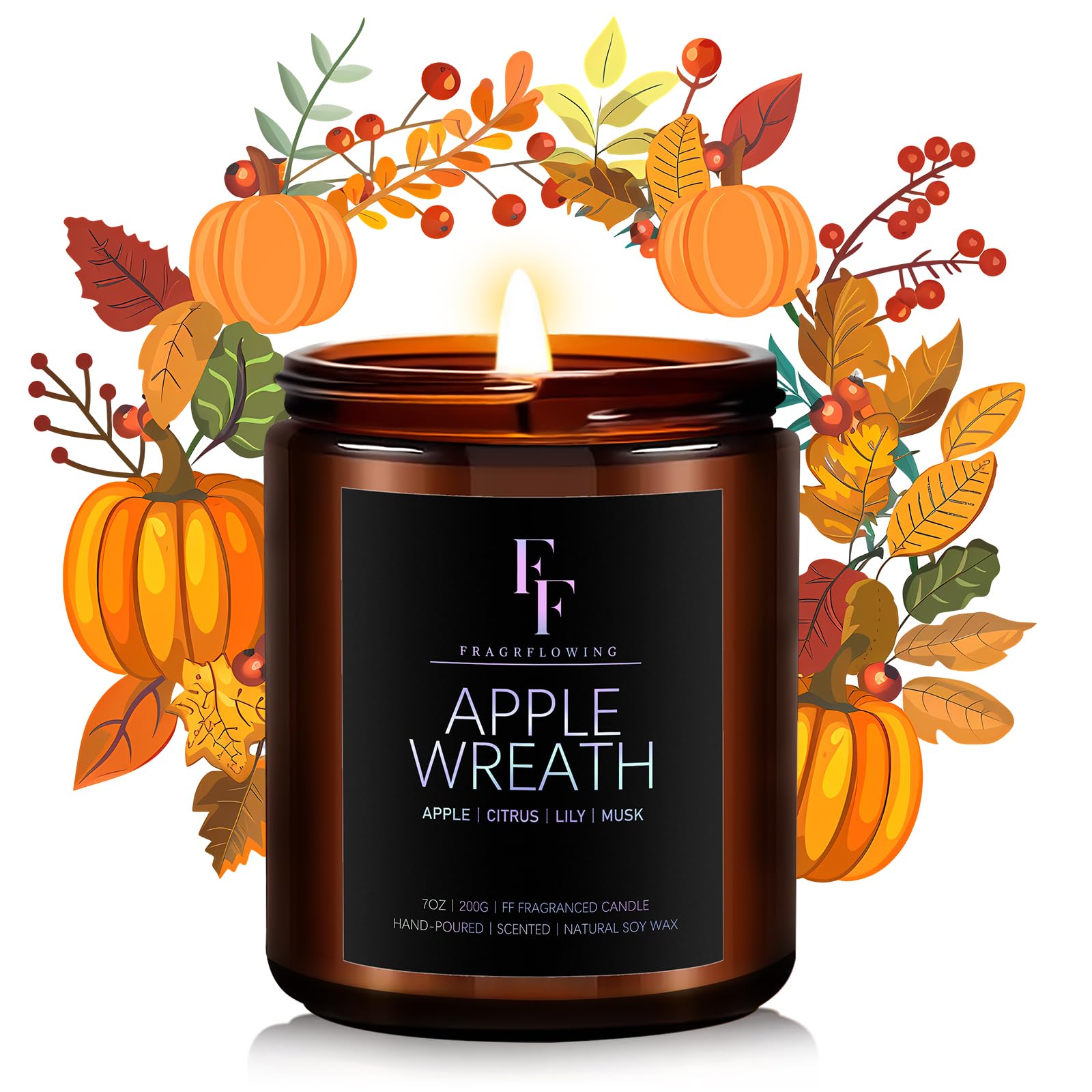 Fall Candle, Apple Wreath Scented Candles for Home, Natural Soy Autumn Candle Aromatherapy Candle, 7 oz Jar Candles Fall Gifts for Women Men