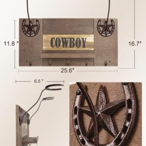 Cowboy Hat Holder for Wall with Shelf and 5 Hooks Western Cast Iron Hat Rack Rustic Wood Cowboy Hat Hanger for Entryway Closet Western Wall Decor Hat Hooks 25.6x11.8x6.5 in Men's Christmas Gift