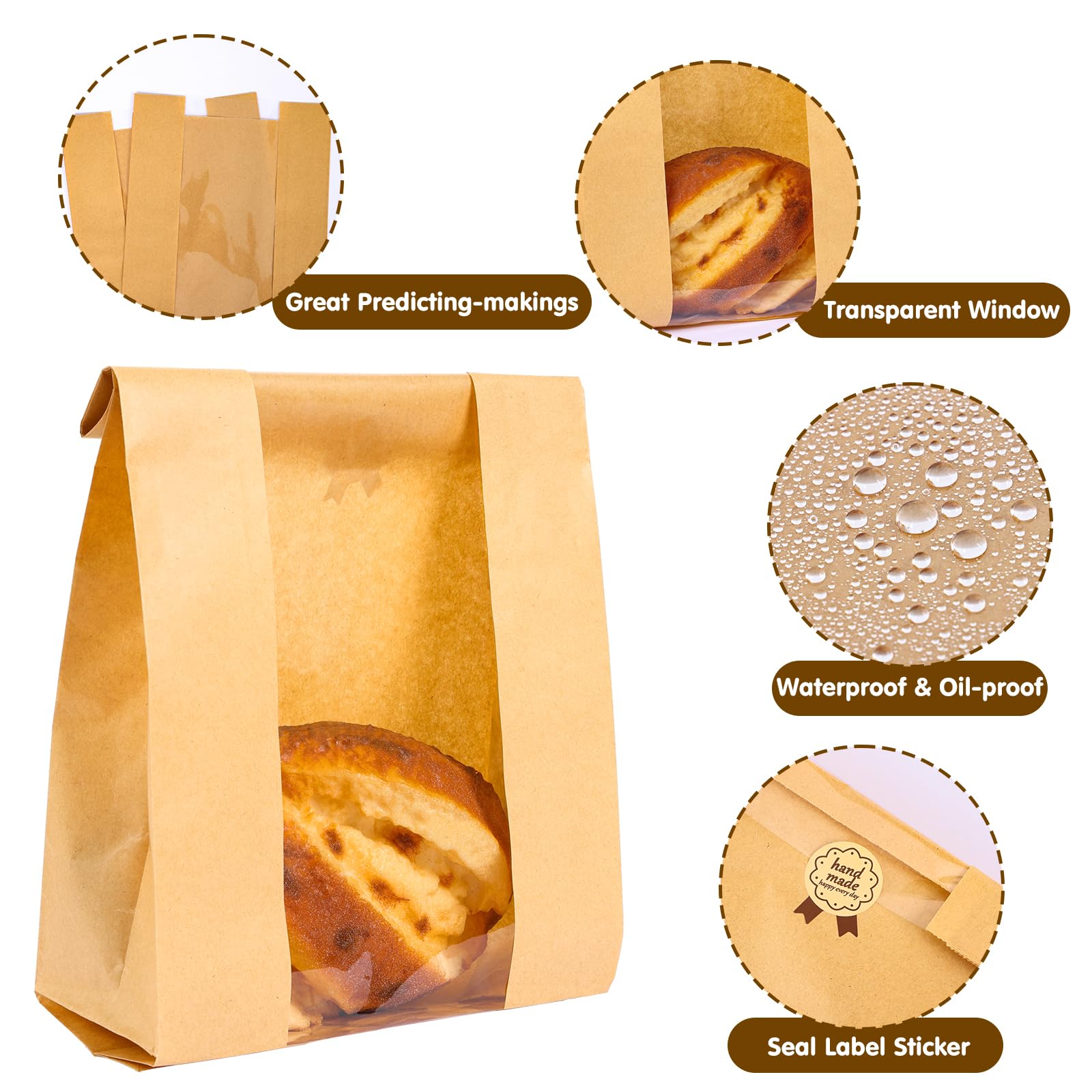 Moretoes Sourdough Paper Bread Bags, 50 Packs Bread Bags for Homemade Bread, Bread Bags with Window Includes Label Seal Stickers for Baked Food Packaging Storage (13.7x8.3x3.5 Inch)