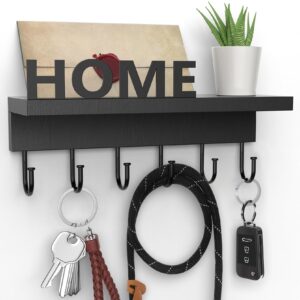 resovo key holder wall mount key hooks entryway shelf keys rack key shelf with 6 metal hooks mail holder, wooden shelf, black (length: 9.8 inches)