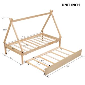 LOPOO Twin Size Tent Floor Bed, Wooden Tent Platform Bed with Pull-Out Trundle Bed, Tent Twin Bed with Rollers, Bed Frame Twin Size for Boys,Girls Bedroom, No Box Spring Needed, Teepee Bed (Natural)