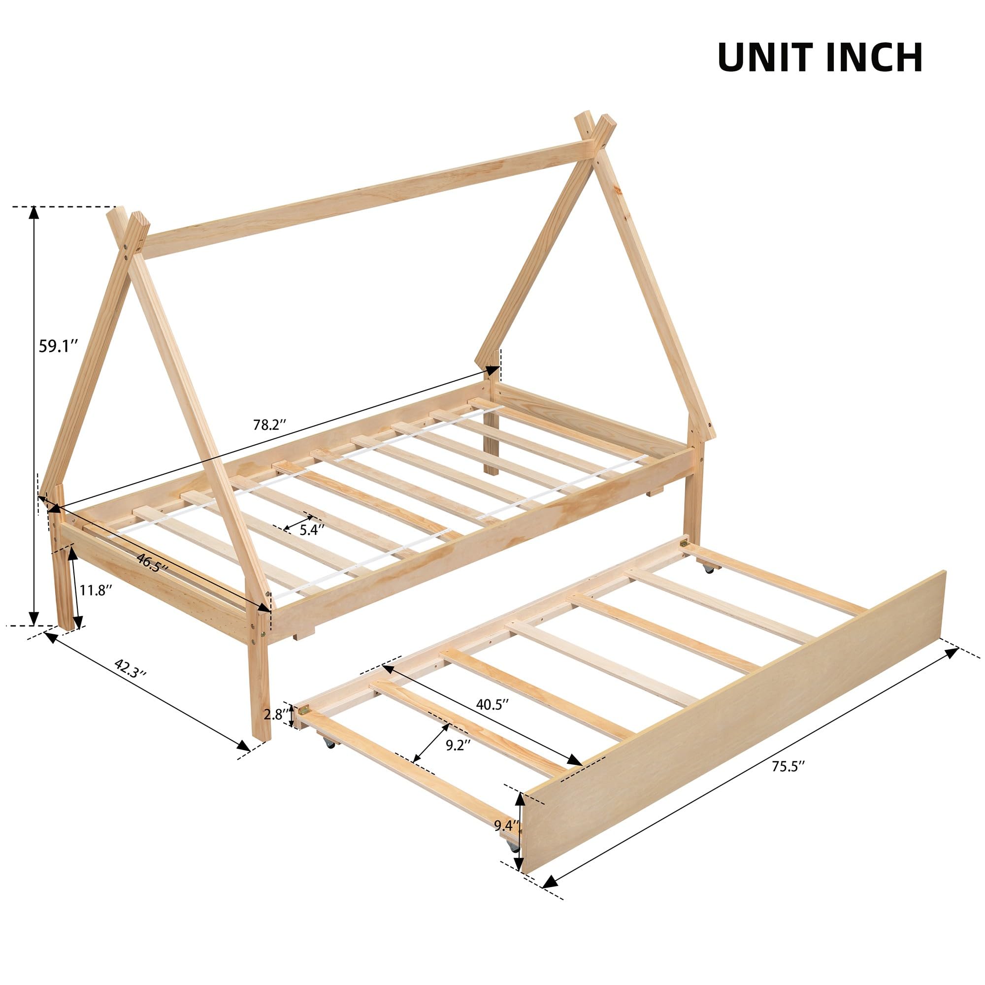 LOPOO Twin Size Tent Floor Bed, Wooden Tent Platform Bed with Pull-Out Trundle Bed, Tent Twin Bed with Rollers, Bed Frame Twin Size for Boys,Girls Bedroom, No Box Spring Needed, Teepee Bed (Natural)