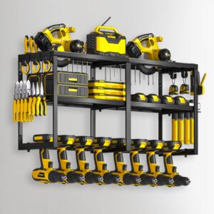 birodeko power tool organizer wall mount, heavy duty utility tool rack with 8 drill holders and 3-layer high capacity storage rack for cordless tool screwdriver plier hammer holder