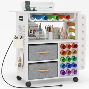 CRAFTEASE Rolling Craft Cart and Storage Table Compatible with Craft Machines Foldable Craft Cabinets w/USB Ports & Outlets Vinyl Roll Holder Craft Accessories Organizer Workstation for Craft Room