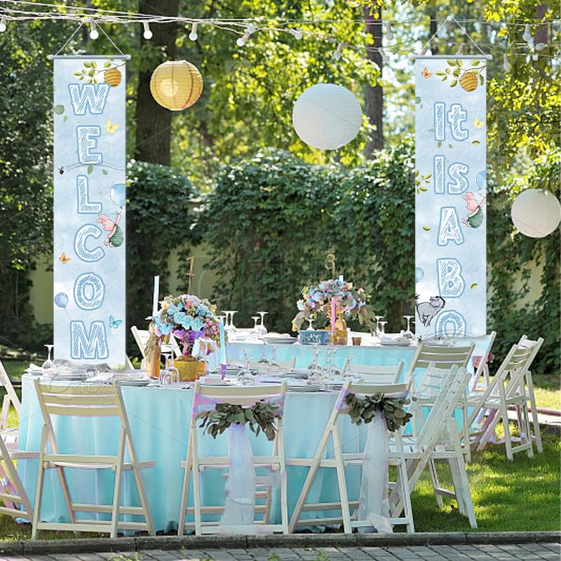 Classic Winnie Porch Sign for Boys Baby Shower Party the Winnie Bear Themed Yard Banner Blue Winnie Bear Party Decorations Polyester Welcome Door Hanging Decor Windproof Party Supplies 2PCS 12"X71"