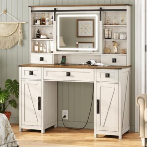 aoglalti farmhouse vanity desk with mirror and lights, makeup vanity with lights & charging station, large white vanity table with ample storage space and sliding mirror (white)