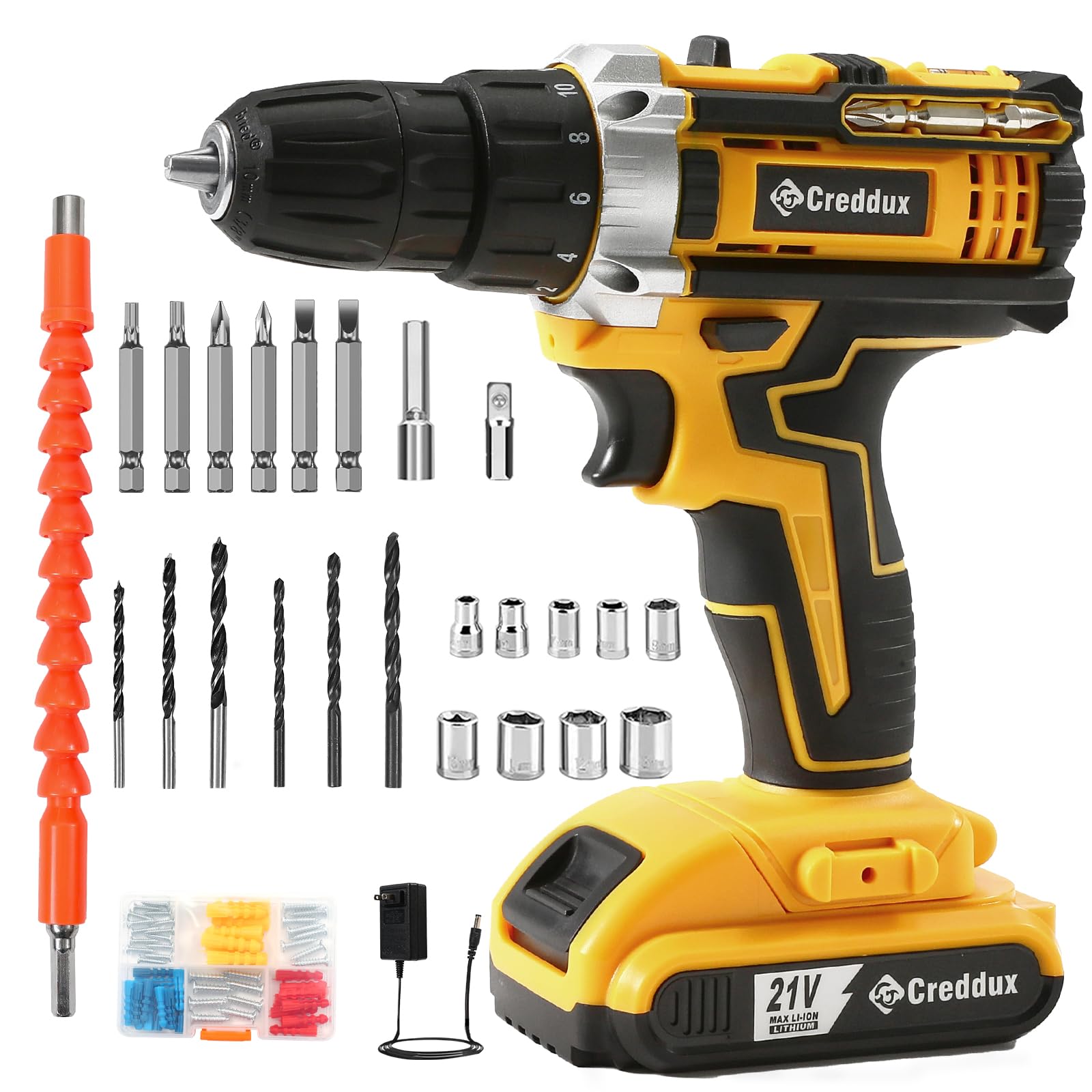 Creddux Cordless Drill Set 21v Power Drill Cordless With Battery & Charger, 84pcs Accessories Electric Drill Variable Speed, 3/8'' Keyless Chuck, Built-In Level and 2 Driver Bits Yellow kit