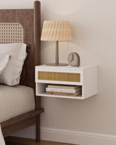 floating nightstand, small modern floating nightstand with drawer, floating shelves for bedroom, bathroom (white rattan)