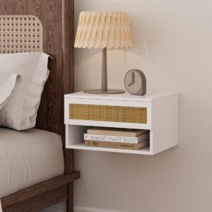 Floating Nightstand, Small Modern Floating Nightstand with Drawer, Floating Shelves for Bedroom, Bathroom (White Rattan)