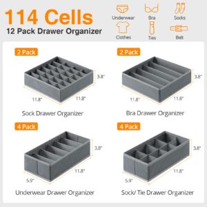 DIMJ 12 Pack Drawer Organizer for Clothes - Sock Bra Underwear Drawer Organizer, Foldable Fabric Drawer Organizer Bins, 114 Cells Dresser Drawer Dividers for Clothing Scarves Belt Tie, Grey