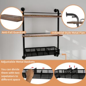 QoQoLiLi 3 Tier Industrial Pipe Shelving, 24Inch Industrial Wall Shelf with Adjustable Baskets and Protective Metal Guardrail, Wall Shelves Unit and Wall Mounted Shelves, Vintage Brown