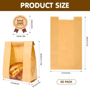 Moretoes Sourdough Paper Bread Bags, 50 Packs Bread Bags for Homemade Bread, Bread Bags with Window Includes Label Seal Stickers for Baked Food Packaging Storage (13.7x8.3x3.5 Inch)