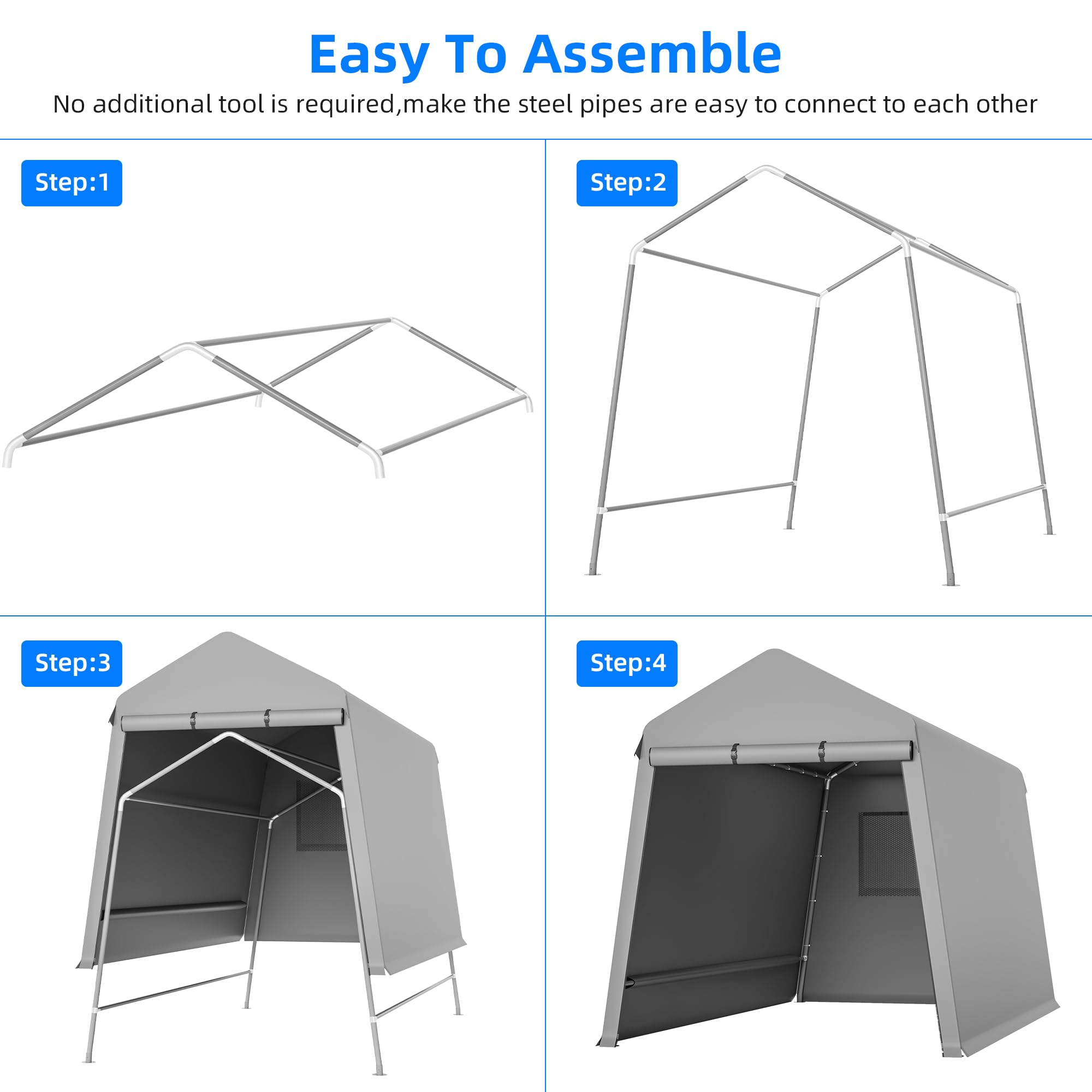 GarveeLife 7x12ft Portable Garage, Outdoor Storage Shelter Shed with Doors and Vent, Waterproof and Uv Resistant Anti-Snow Portable Garage Kit Tent for Motorcycle, Outdoor Tools