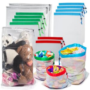 toy storage bags, 10pcs reusable mesh bags and 2pcs large clear toy storage bags with drawstring, toy organizer bags for kids puzzle building blocks balls and dolls, produce bags for fruits, vegetable