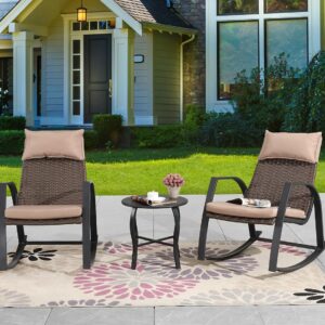 ARTLOFT 3 Piece Rocking Chairs Wicker Outdoor Patio Furniture Set Balcony Chairs Conversation Sets with Coffee Table for Porch, Garden, Backyard, Deck (Beige)