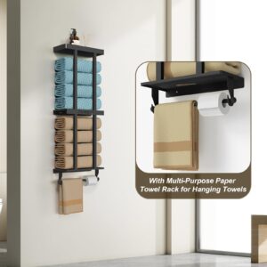 XWF Bathroom Towel Storage Rack，Wall Mounted Metal Bathroom Organizer,Wall Mounted Roll Towel Rack 30-Inch with Shelf for 6 Large Towels (Black)