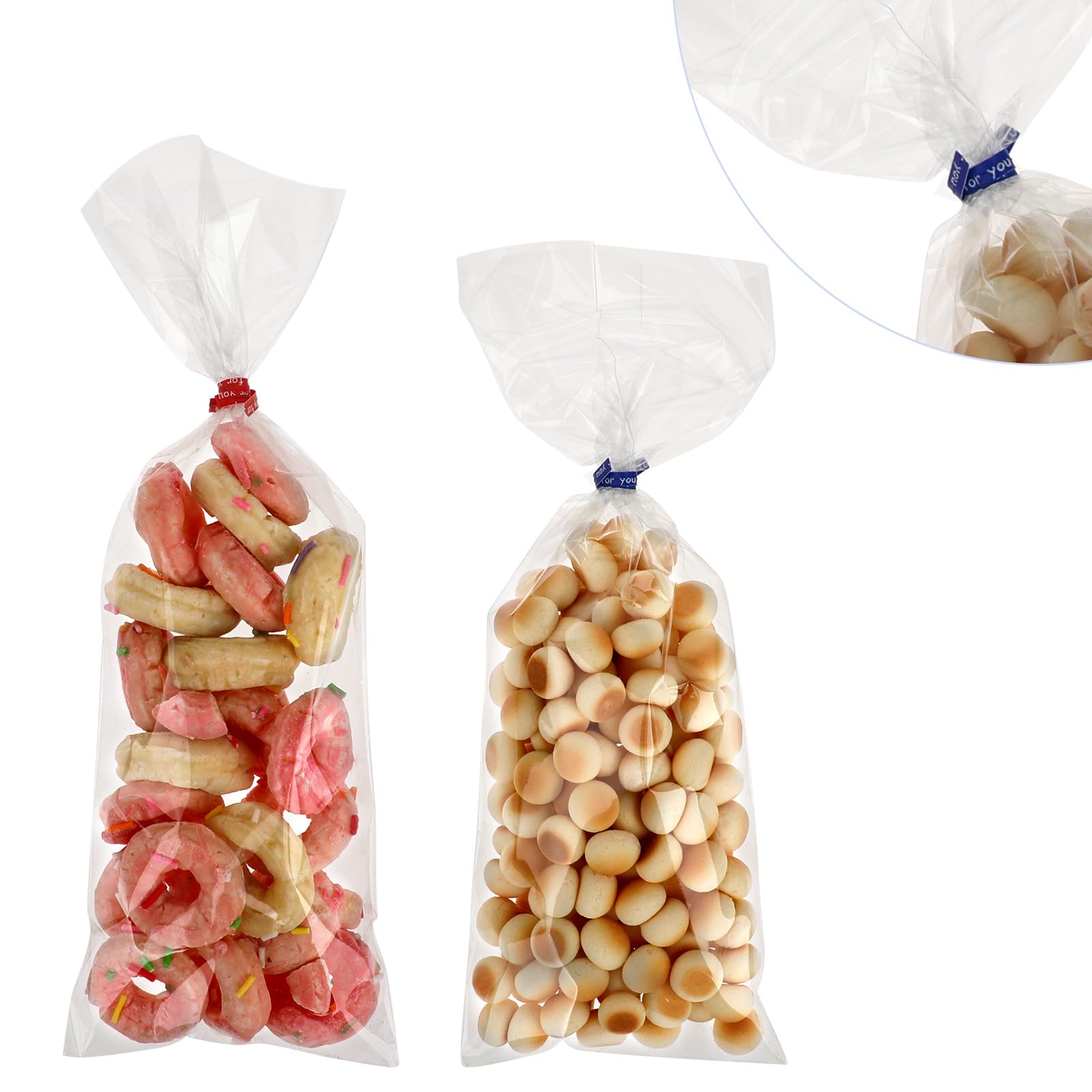 Clear Candy Bags,100 Pcs 4x11 Inch Plastic Cookie Bags, Long Treat Bags Set with 5 Mix Colors Twist Ties, Gift Wrap Supplies for Birthday Party Favor Packaging Pretzel Bread Donut Lollipop