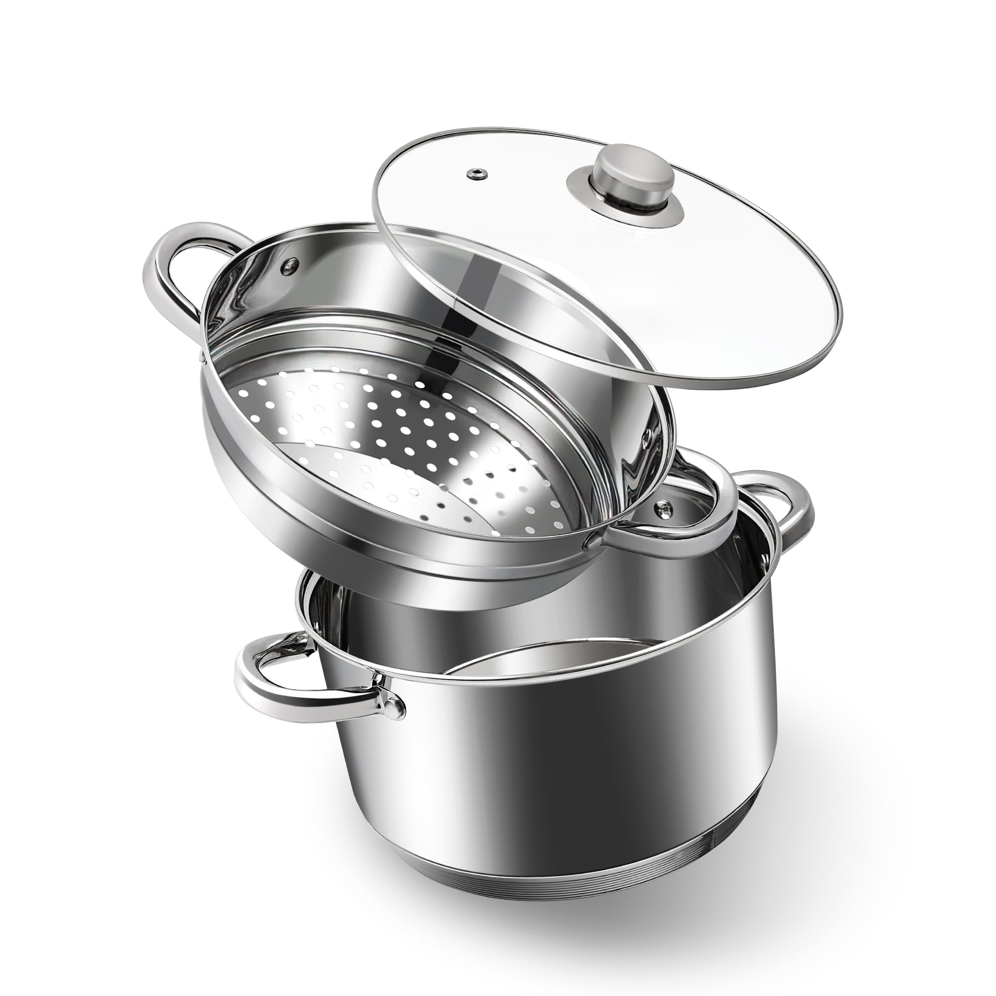 AuFranc® 4 Quart 18/10 Stainless Steel Tri-ply Stockpot and Steamer with Tempered Glass Lid, Multipurpose Steamer Pot Compatible with All Cooktops, Non-Toxic Soup Pot, Oven & Dishwasher Safe (Silver)