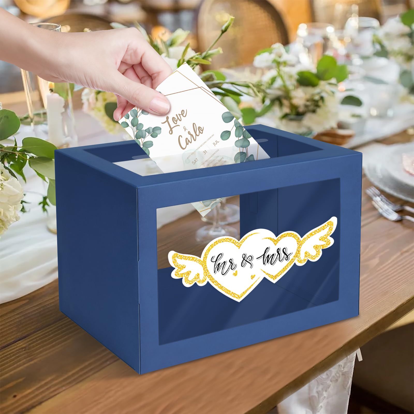 1 Pack Navy Blue Card Box for Party, Transparent Gift Cards Receiving Box Wedding Card Box Money Box for Birthday, Bridal or Baby Showers, Retirement, Anniversary, Graduation, Raffle Ticket Box