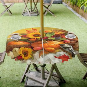 Huotupsine Fall Thanksgiving Outdoor Tablecloth - 60 Inch Round Dining Table Cover, Pumpkins Birds Sunflower Oil Painting Waterproof Outdoor Table Cloth with Umbrella Hole & Zipper for Picnic/Patio