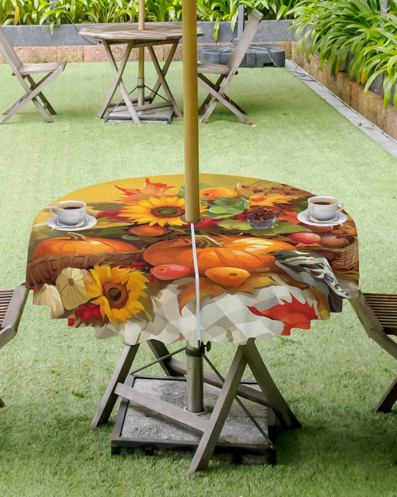 Huotupsine Fall Thanksgiving Outdoor Tablecloth - 60 Inch Round Dining Table Cover, Pumpkins Birds Sunflower Oil Painting Waterproof Outdoor Table Cloth with Umbrella Hole & Zipper for Picnic/Patio