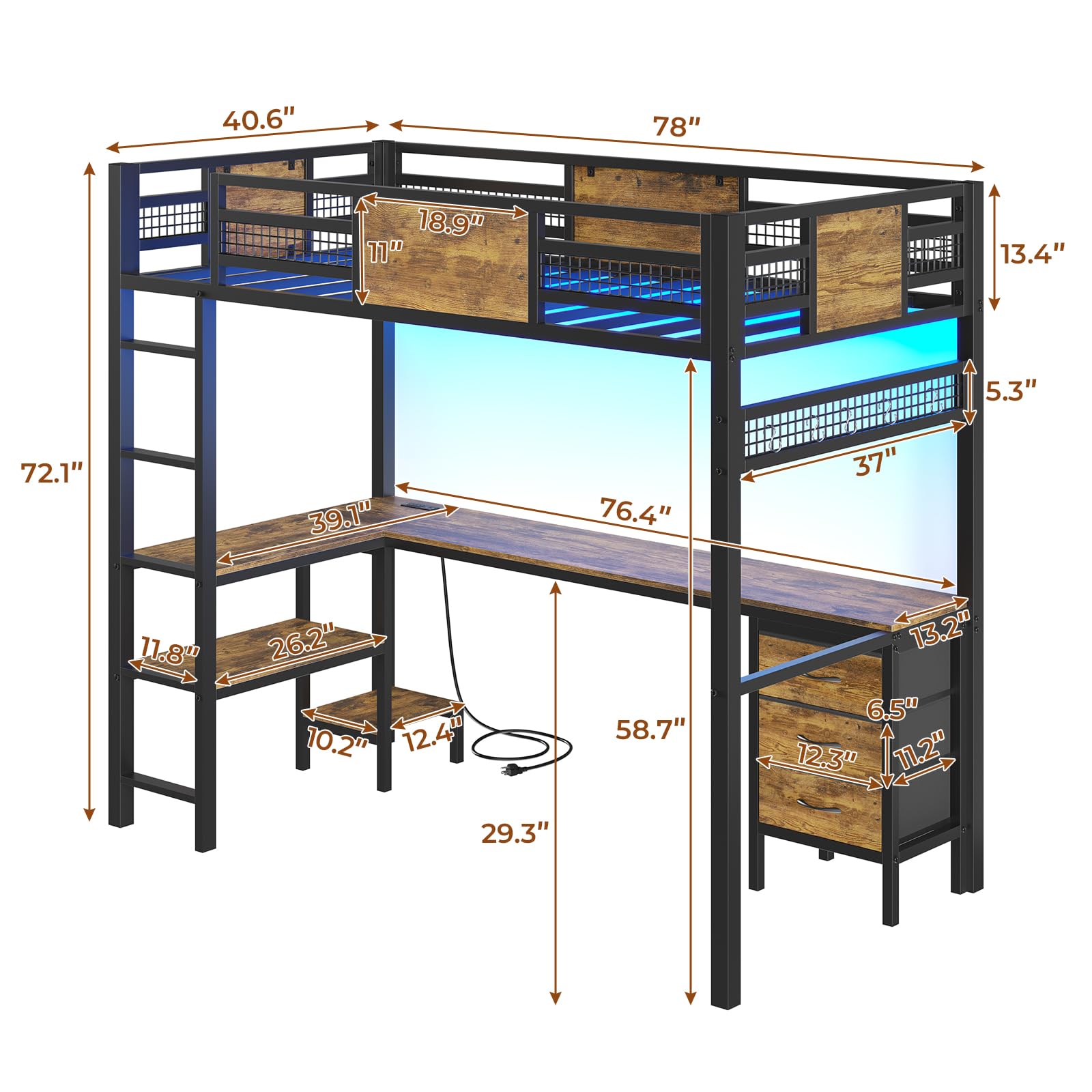 BTHFST Twin Loft Bed with L-Shaped Desk, Metal Twin Size Bed Frame with LED Lights & Charging Sation, 3 Fabric Drawers, 2-Tier Storage Shelves, Safety Guard & Ladder, No Box Spring Needed