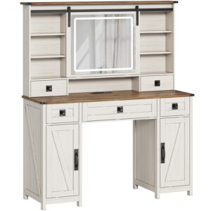 AOGLALTI Farmhouse Vanity Desk with Mirror and Lights, Makeup Vanity with Lights & Charging Station, Large White Vanity Table with Ample Storage Space and Sliding Mirror (White)