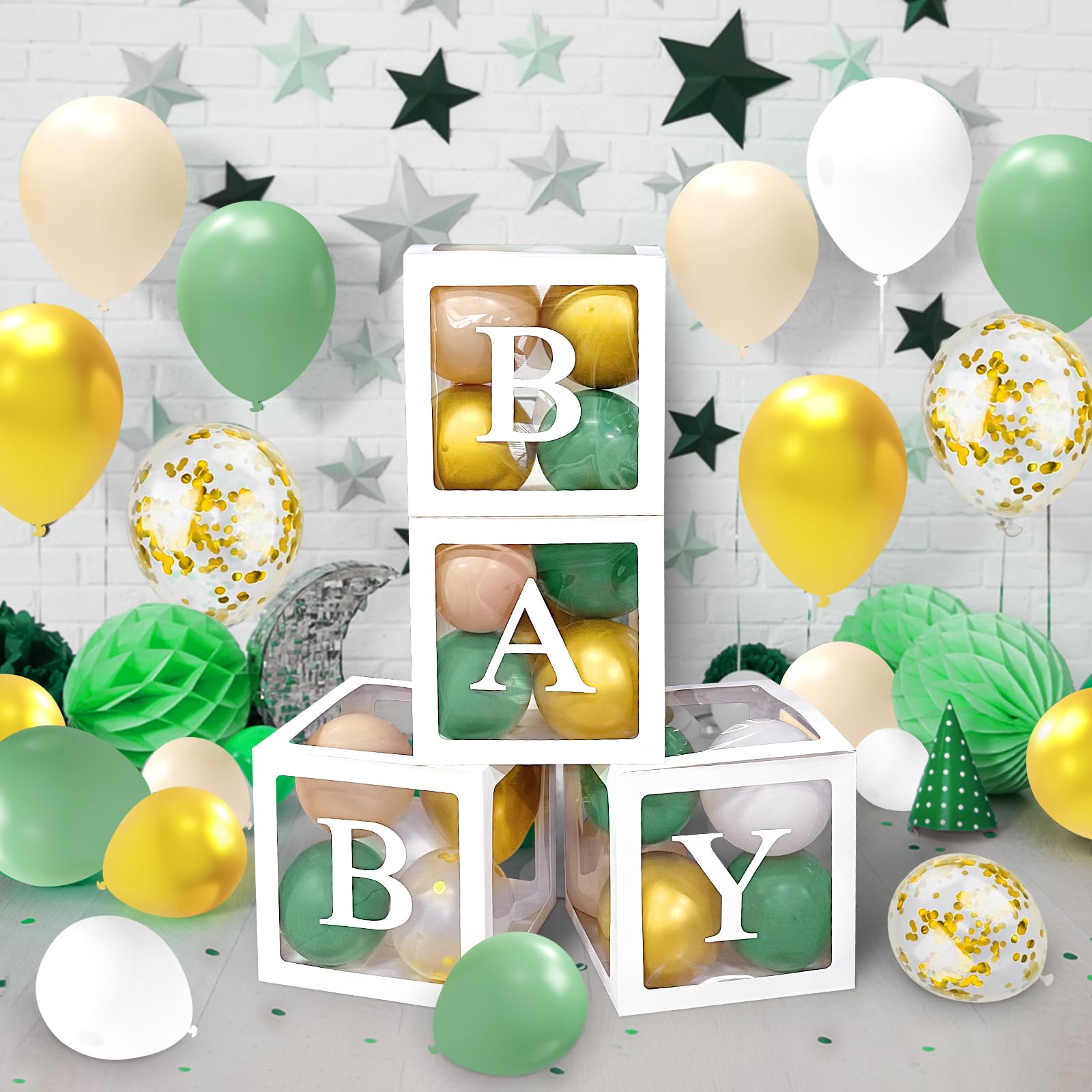 Sage Green Baby Shower Decoration, Neutral Baby Shower Party Supplies with Backdrop Balloon Garland Box Tablecloth for Gender Reveal Woodland Safari Party Decor