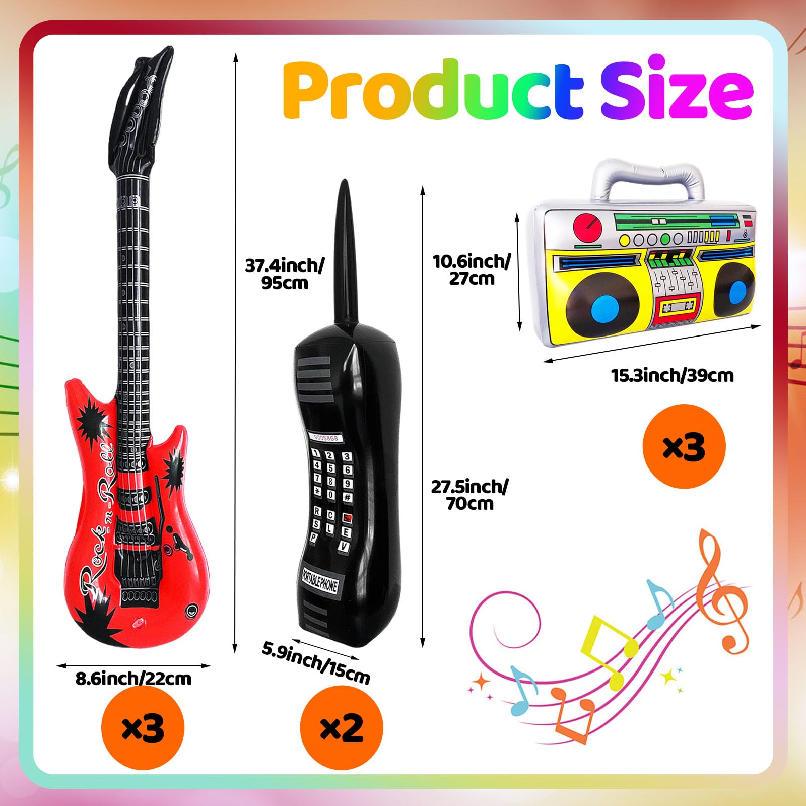 8 Pcs Inflatable Radio Boombox Retro Inflatable Mobile Phone Rock Inflatable Guitar Toy Set,Blow up Props for 80s 90s Party Decorations,Hip Hop Theme Birthday Party Supplies