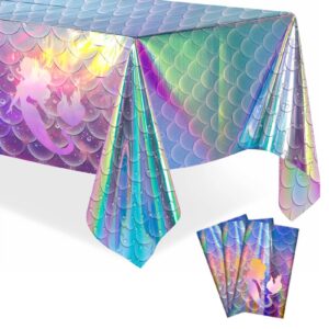 icrius mermaid tablecloth, 3pcs - disposable iridescent tablecloth - little mermaid birthday party decorations (54 x 108 inch)