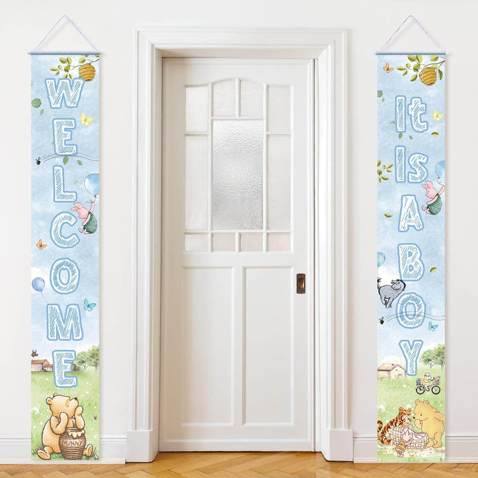 Classic Winnie Porch Sign for Boys Baby Shower Party the Winnie Bear Themed Yard Banner Blue Winnie Bear Party Decorations Polyester Welcome Door Hanging Decor Windproof Party Supplies 2PCS 12"X71"