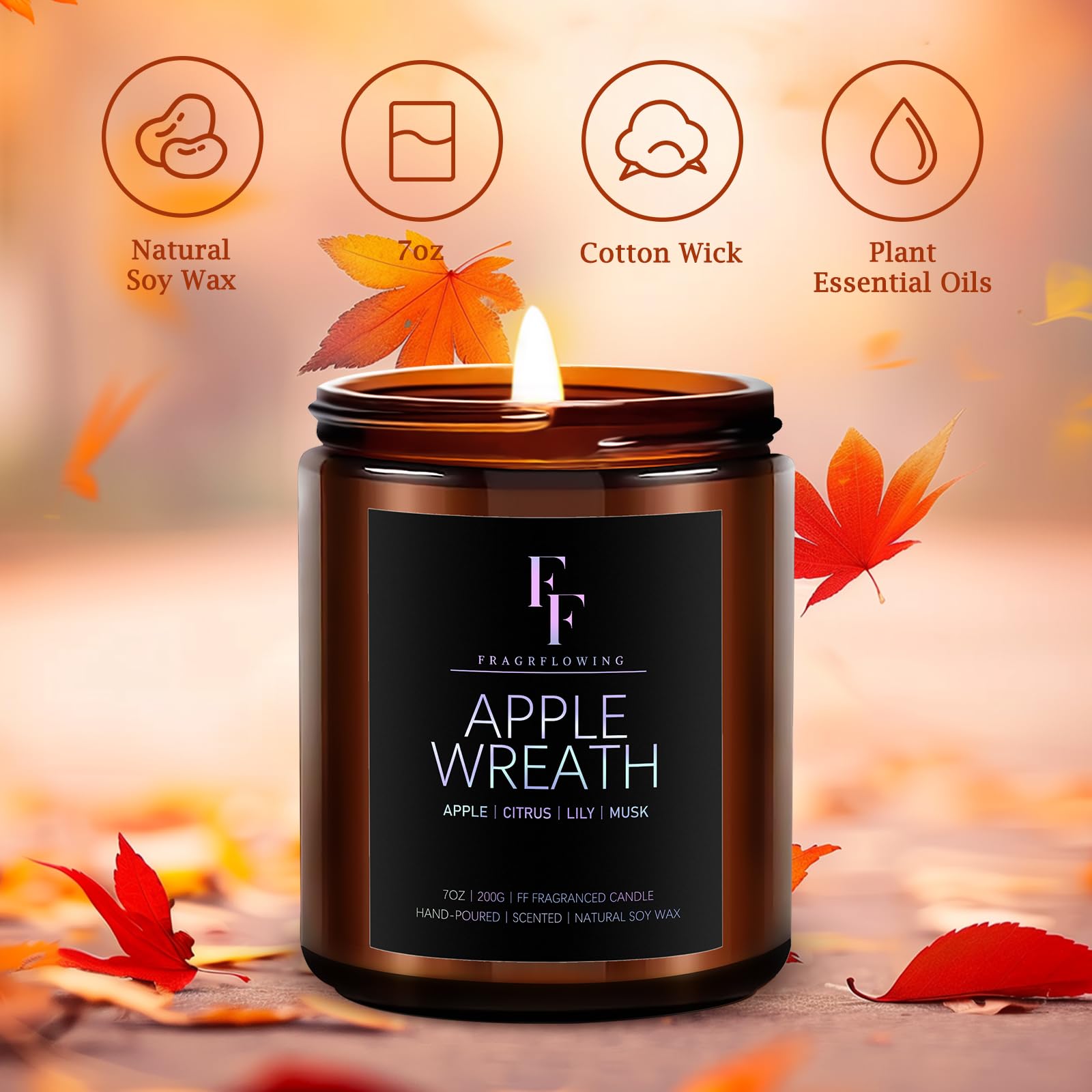 Fall Candle, Apple Wreath Scented Candles for Home, Natural Soy Autumn Candle Aromatherapy Candle, 7 oz Jar Candles Fall Gifts for Women Men