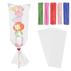 clear candy bags,100 pcs 4x11 inch plastic cookie bags, long treat bags set with 5 mix colors twist ties, gift wrap supplies for birthday party favor packaging pretzel bread donut lollipop