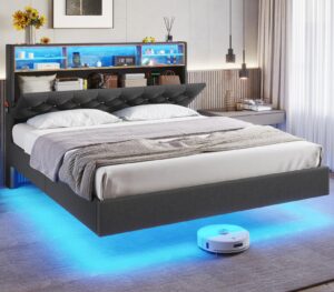 adorneve queen floating bed frame with storage headboard and rgb led lights, linen upholstered platform floating bed with usb-c/a charging station,innovative stable structure,dark gray