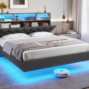 ADORNEVE Queen Floating Bed Frame with Storage Headboard and RGB LED Lights, Linen Upholstered Platform Floating Bed with USB-C/A Charging Station,Innovative Stable Structure,Dark Gray