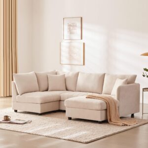 BOSTANA Convertible Sectional Sofa Couch,2 Pillows,5-Seat Couch with Convertible Ottoman,Various Combinations,L-Shape Indoor Furniture for Living Room,Apartment,Office（Beige）