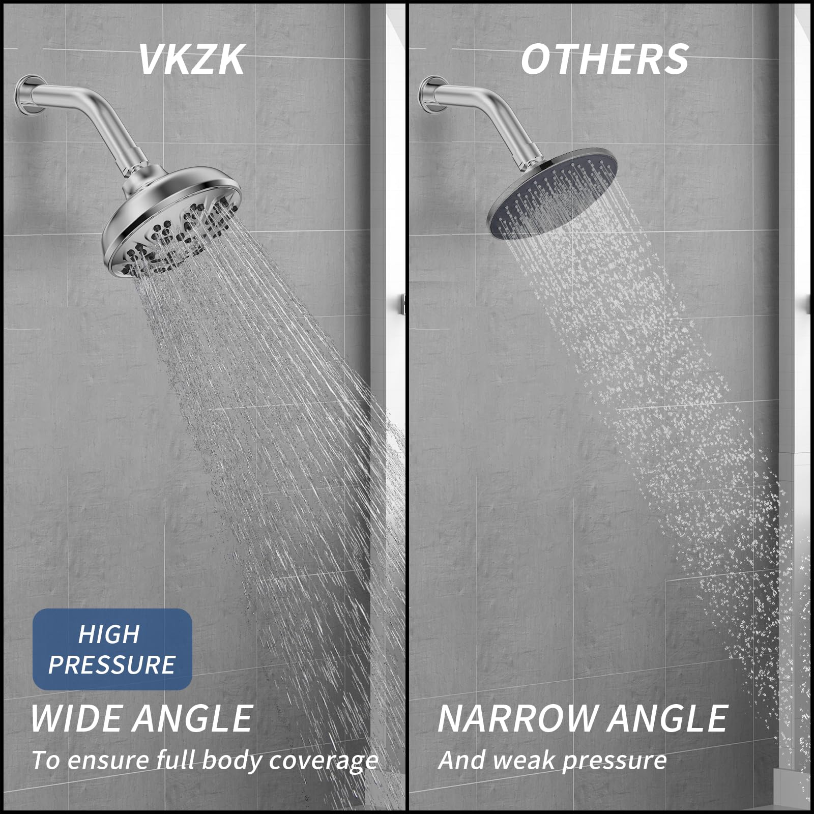 VKZK 10-Mode High Pressure Shower Head Fixed Showerhead, Anti-Clogging Silicone Nozzles-Premium Quality Luxury Design(Luxury Polished Chrome) - 1-Min Install Easy Clean Adjustable Angles