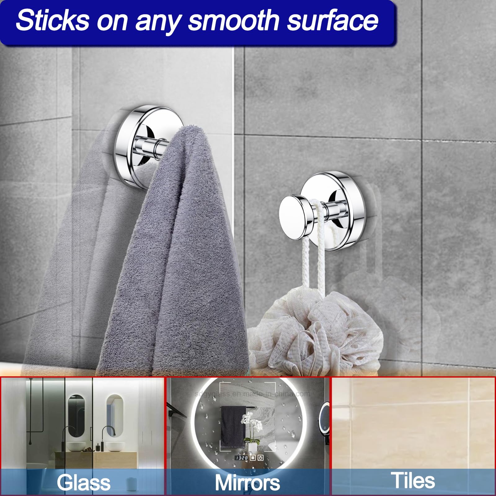 Bntuk Suction Cup Hooks for Shower, Removable Towel Hooks for Bathroom Window Glass Door Wall, Bath Robe Looafh Hook for Hanging - 2 Pack, Chrome